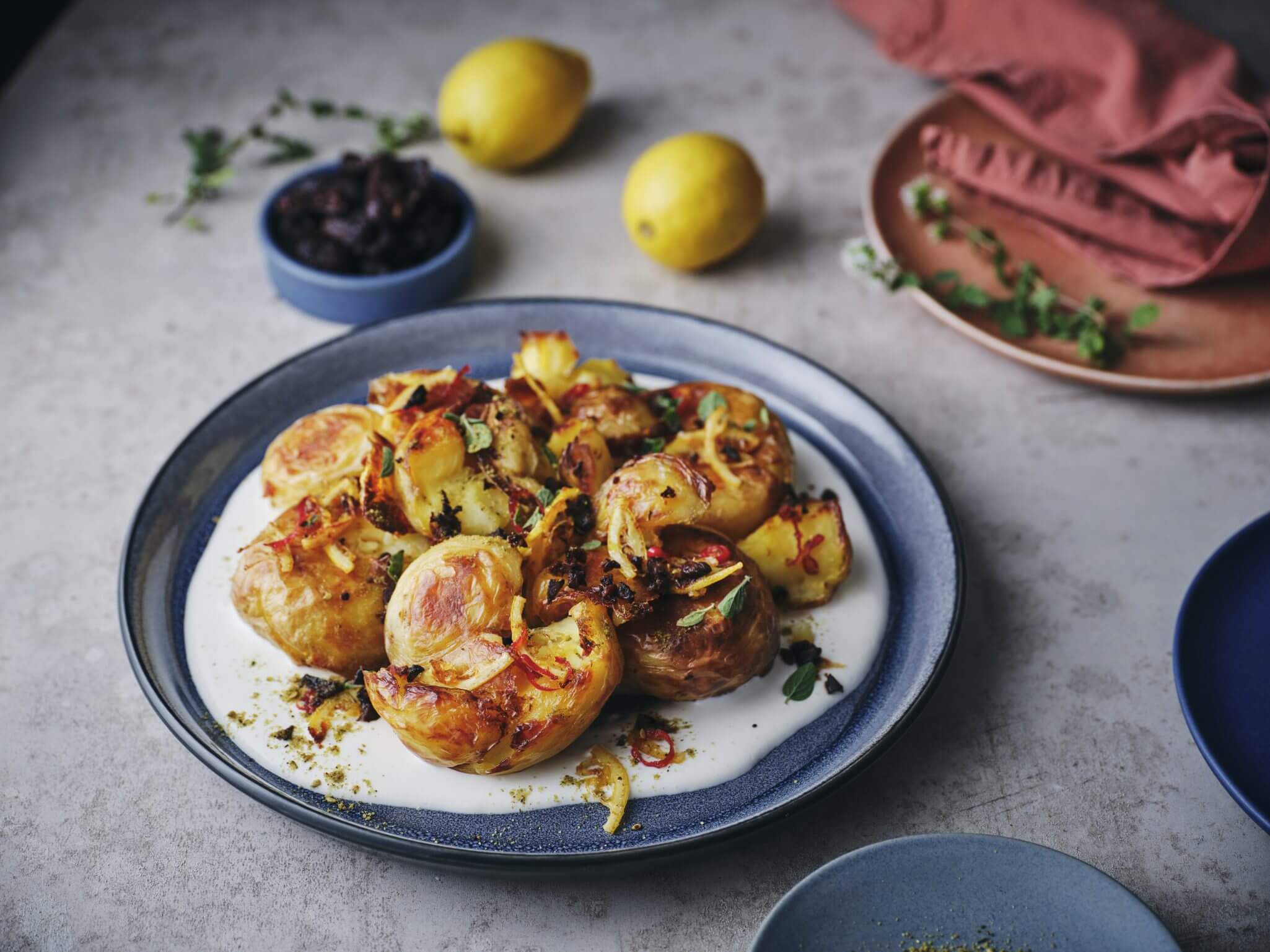 Georgina Lemon Smashed Potatoes with Whipped Feta & Olives - Mitolo ...