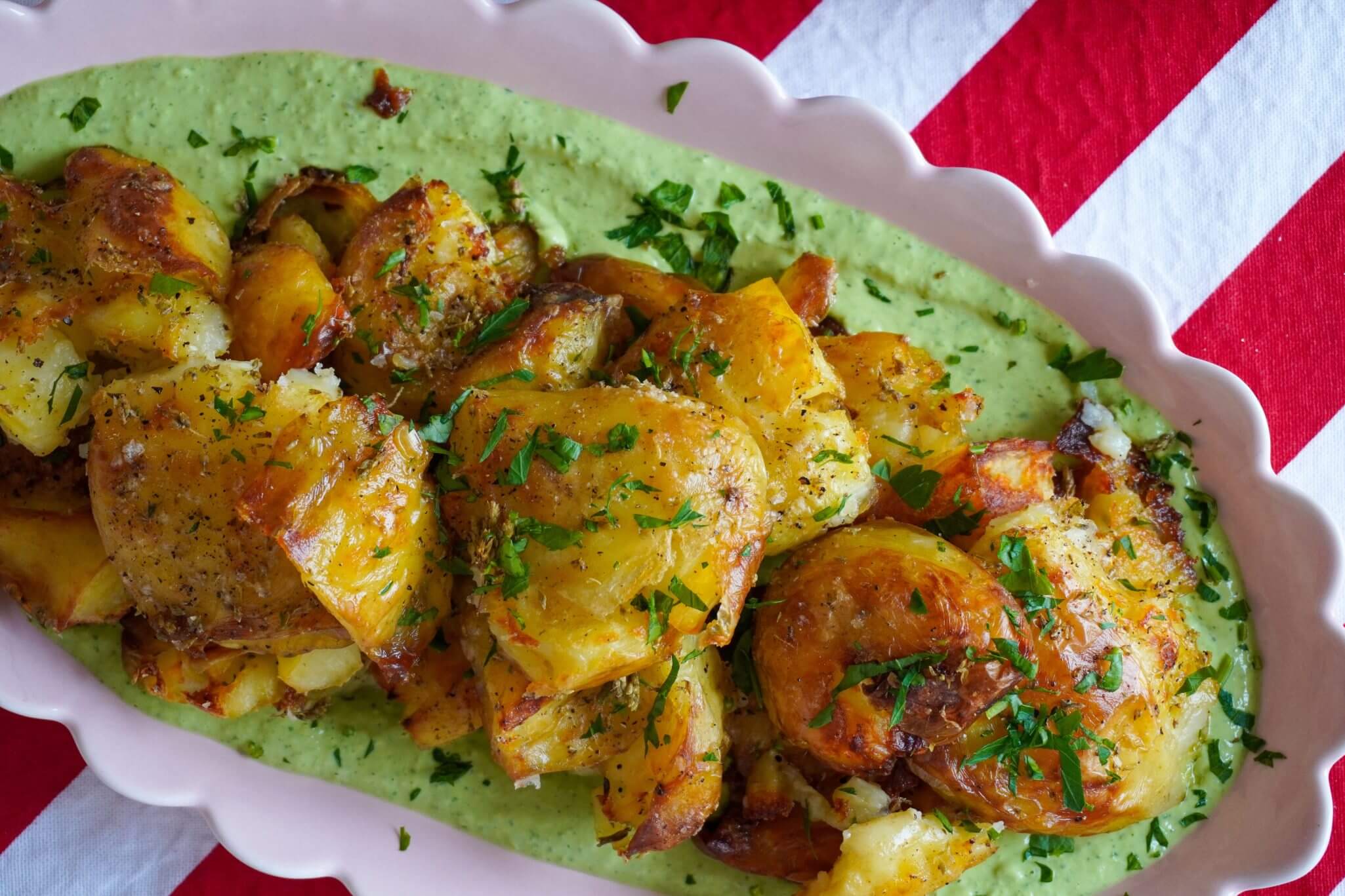 Smashed Carisma Potatoes with a Herby Green Sauce - Mitolo Family Farms